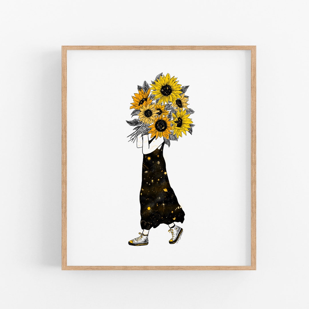 Celestial Sunflower Bouquet Art Print: Botanical Woman Line Art - Etsy