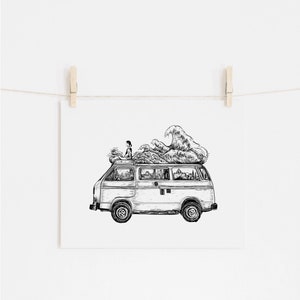 Van + Waves Art Print - Camper Van Art, Hippie Van Art, Beach Van Print ...