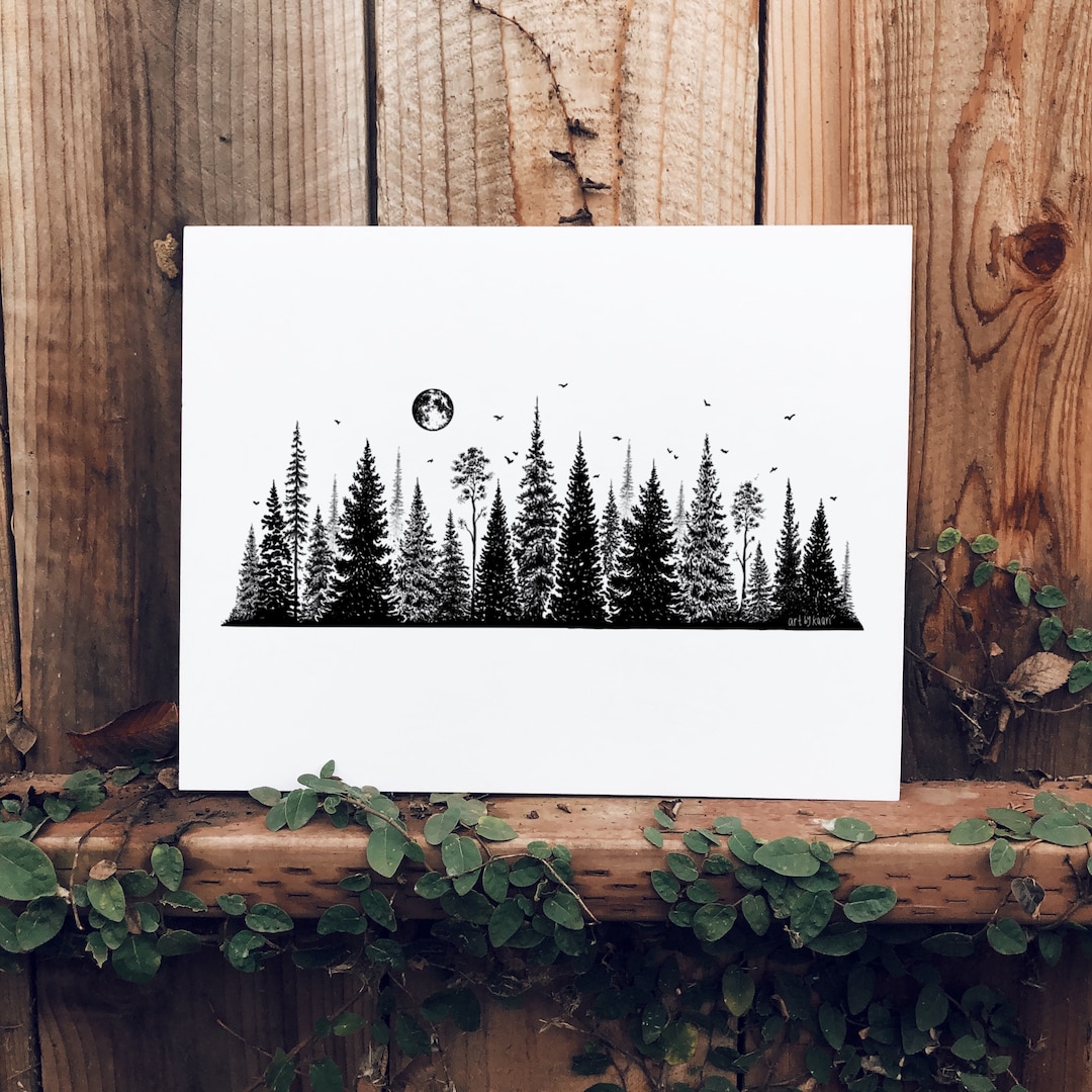 Treescape Pine Tree Line Art Print - Ink Artwork Pine Tree Print Cabin ...