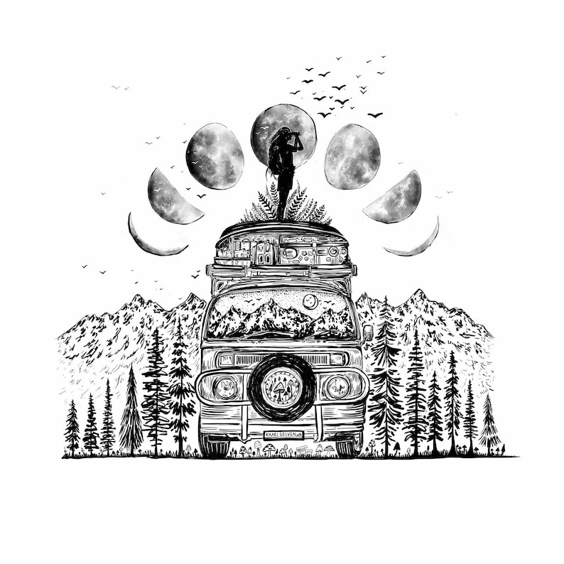 Van Moon Phases Art Print Adventure Art Travel Print Van - Etsy