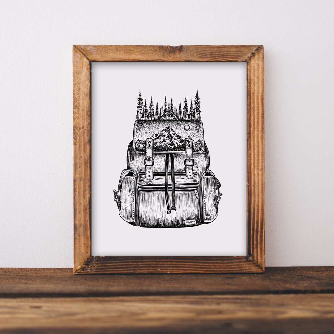 Forest Backpack Art Print Camping Aesthetic, Adventure Print Wanderlust ...