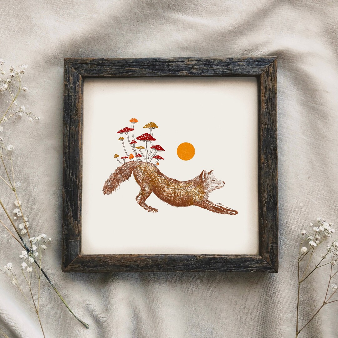 Mushroom Fox Art Print - Mushroom Drawing, Fox Drawing, Cottage Core ...