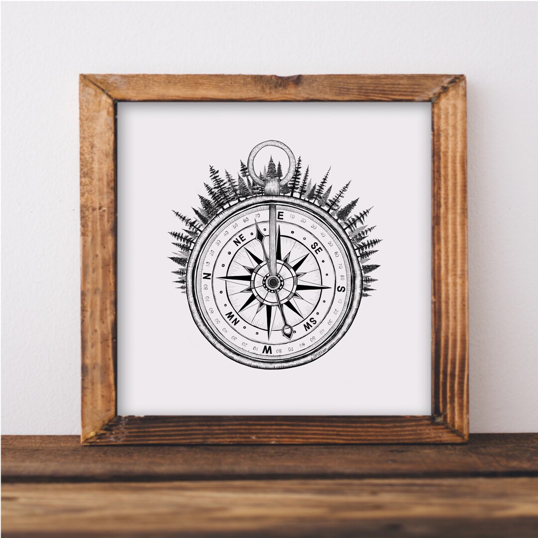 Compass Art Print, Camping, Adventure, Nature-inspired Decor for Rustic ...