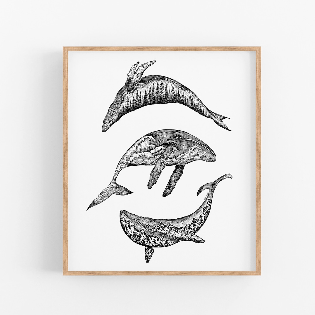 Whales Art Print - Ink Whales, Whales Drawing Ocean Wall Art Whale Gift ...