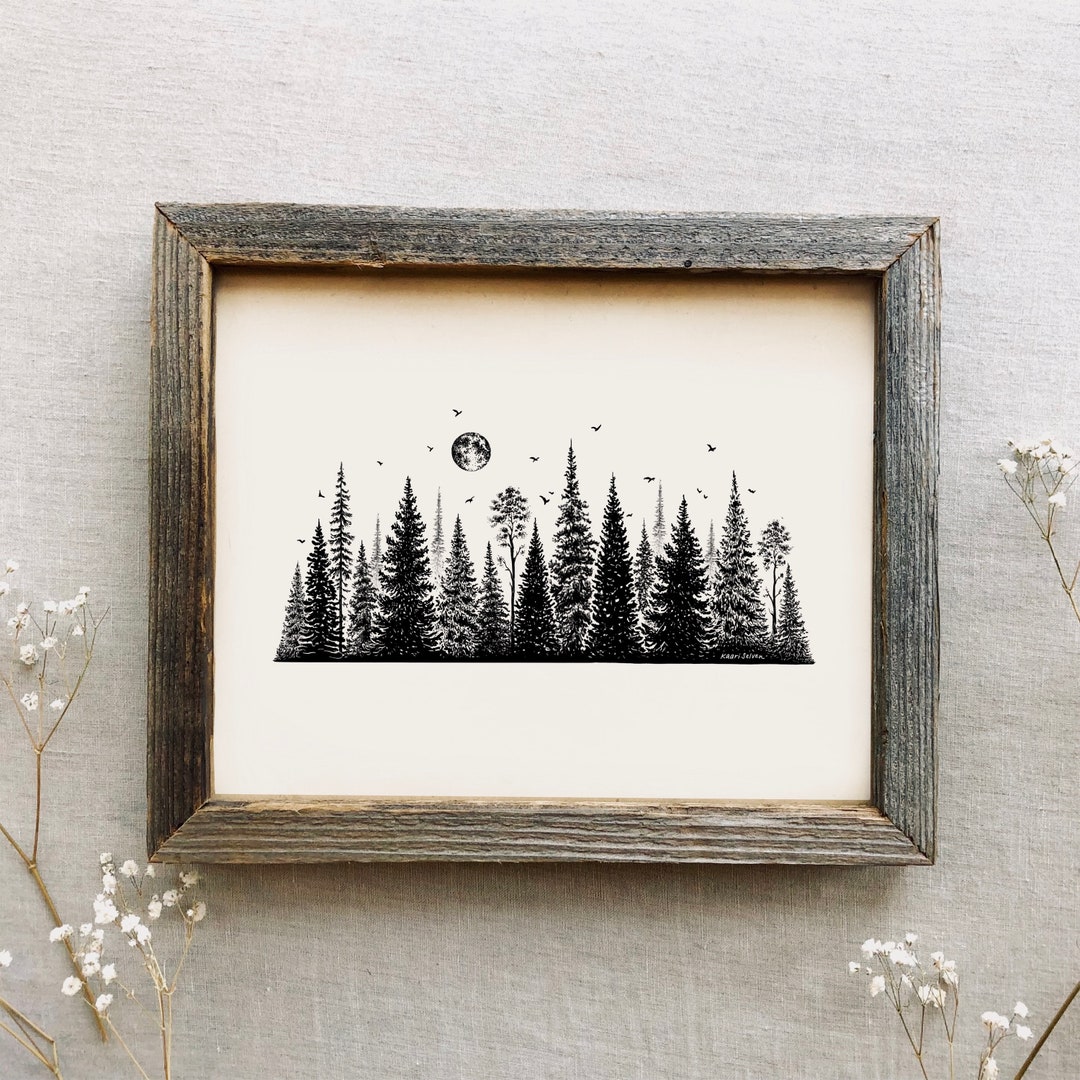 Treescape Pine Tree Line Art Print - Ink Artwork Pine Tree Print Cabin ...