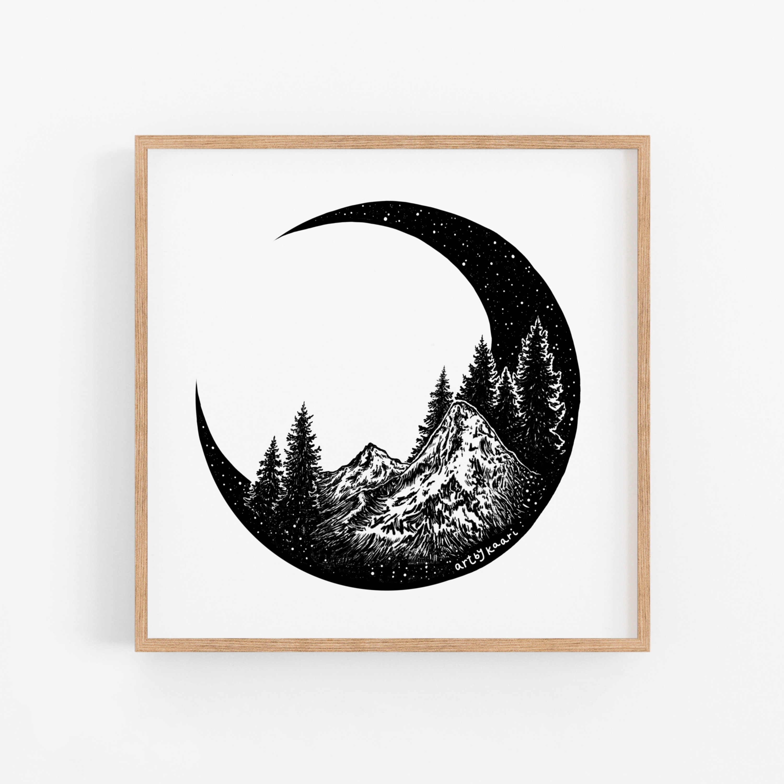 Mountains and Forest Crescent Moon Art Print Wanderlust Wall - Etsy
