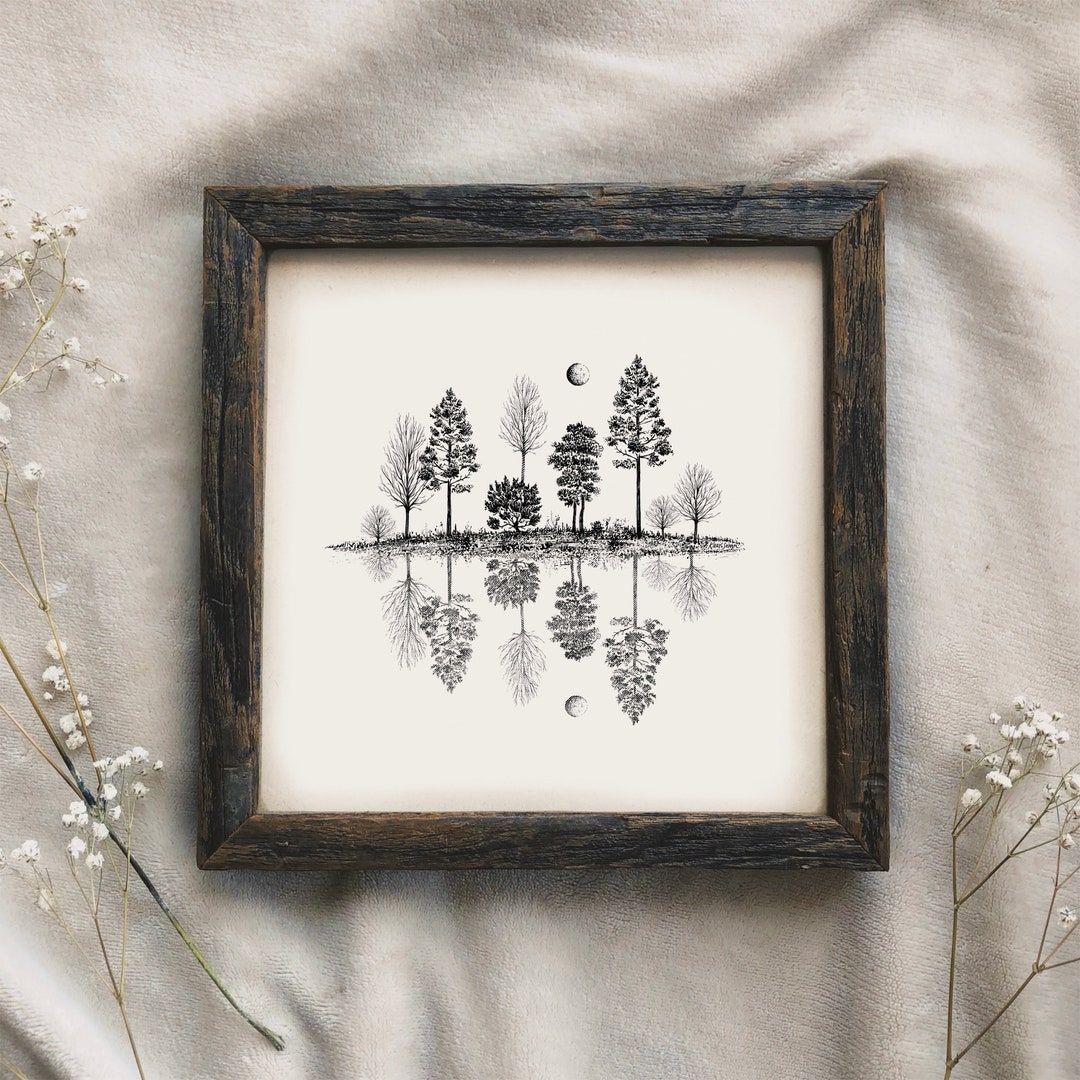 Pine Tree Reflection Art Print: Black and White Pen & Ink Drawing - Etsy