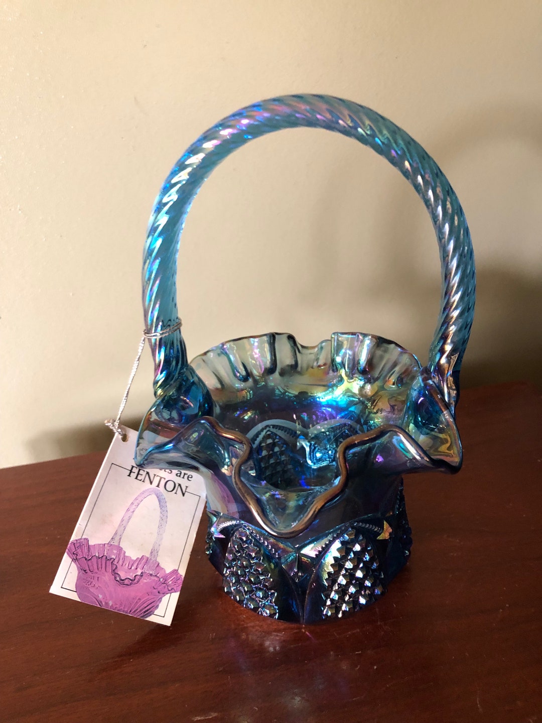 Fenton Blue Iridescent Carnival Glass Basket Ruffled Scalloped Vintage ...