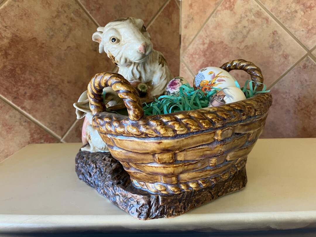 Rare Bunny Rabbits With Carrots and Basket Planter Heavy Easter ...