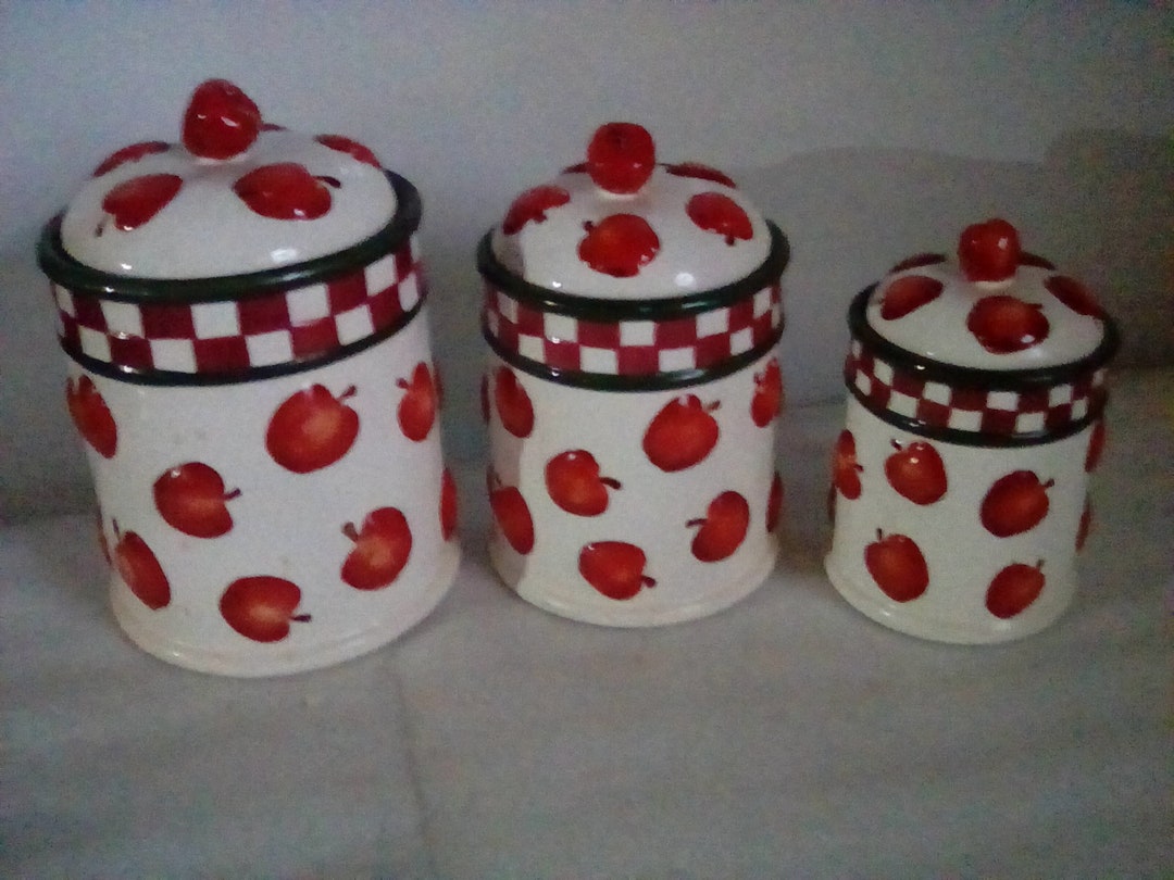 Vintage 3 Piece Red Apple Canisters - Etsy