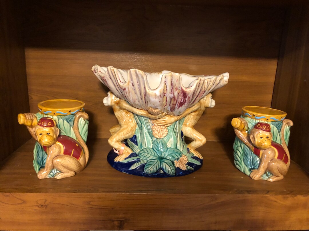 Majolica Monkeys and Seashell Art Pottery - Etsy
