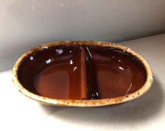 1950's HULL Vintage 2-part Divided Relish Dish, Brown Drip Pattern ...