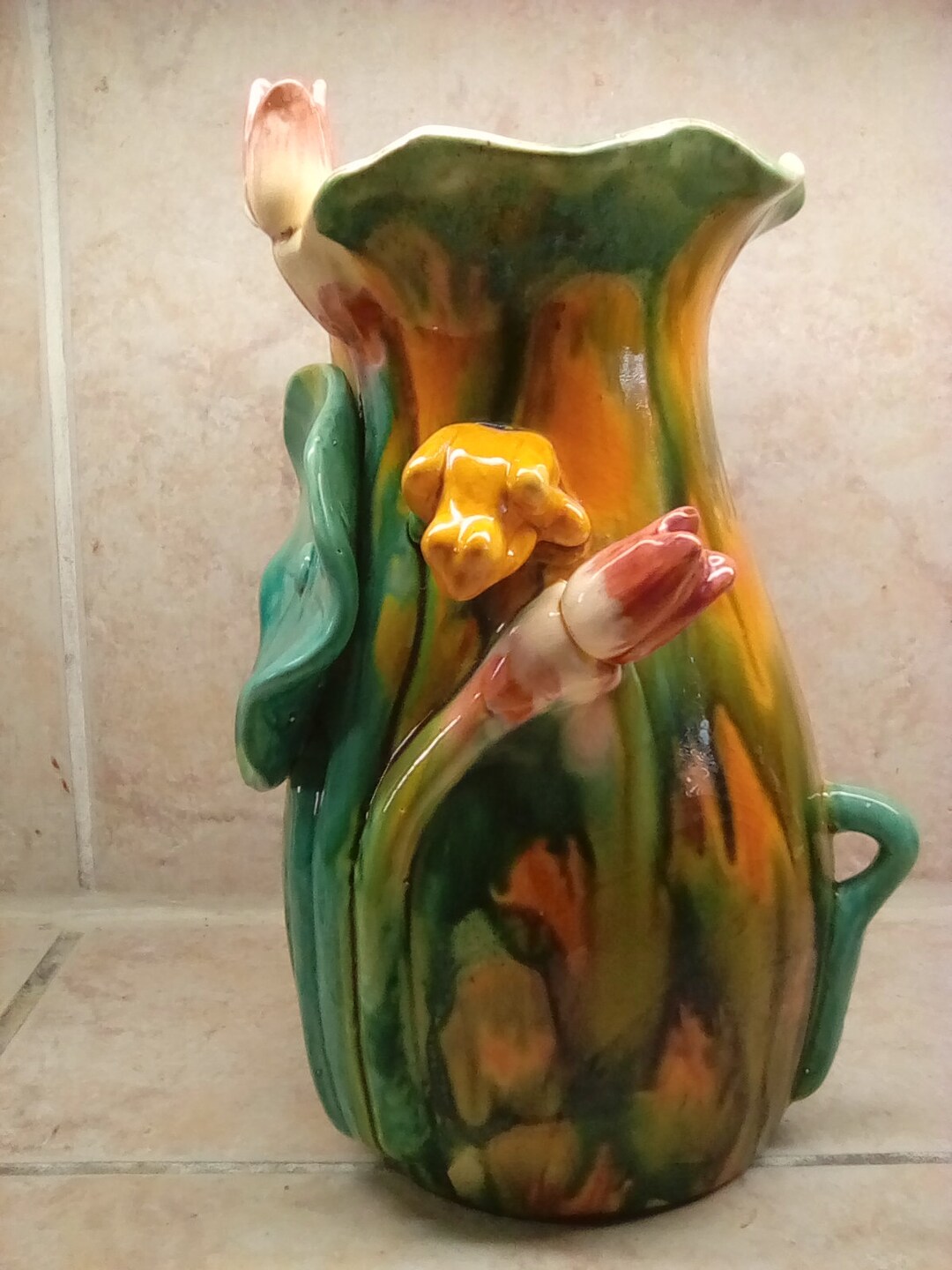 Majolica Style Frog and Flowers Drip Glaze Vase Vintage - Etsy