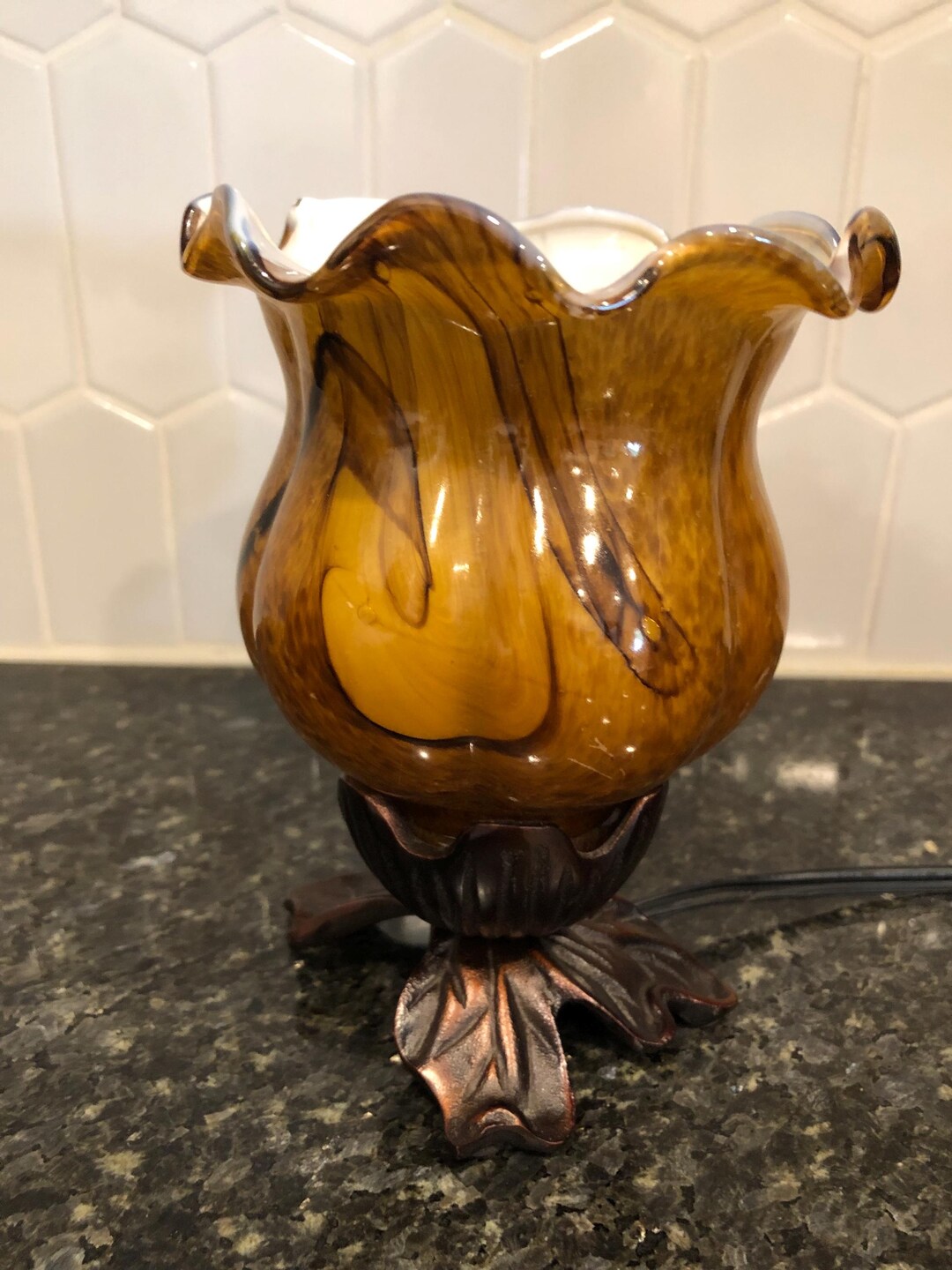 Amber Color Art Nouveau Tulip Accent Lamp Ruffled Fluted Bronze Brown ...