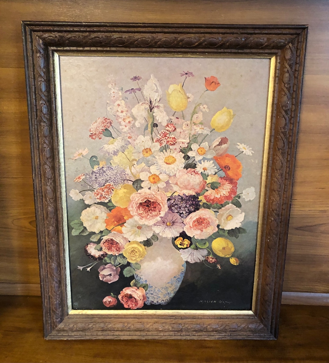 Vintage Framed Floral Print Textured Marion Rice - Etsy