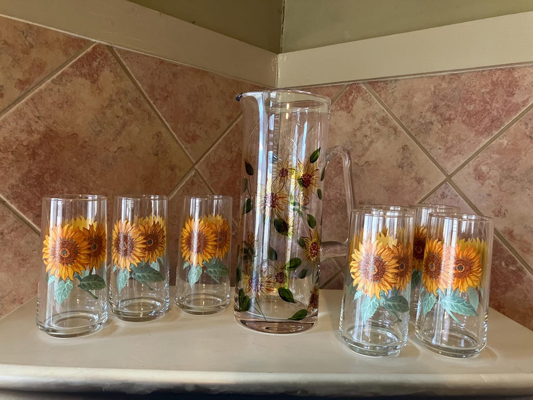 Clear Glass Pitcher With Sunflowers Crisa Sunflowers Glasses Set of 7 ...