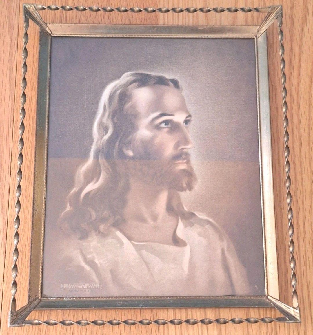 Vtg Jesus 1941© Sallman 8x10 Print W Glass 1950s Goldtone Twisted Steel ...