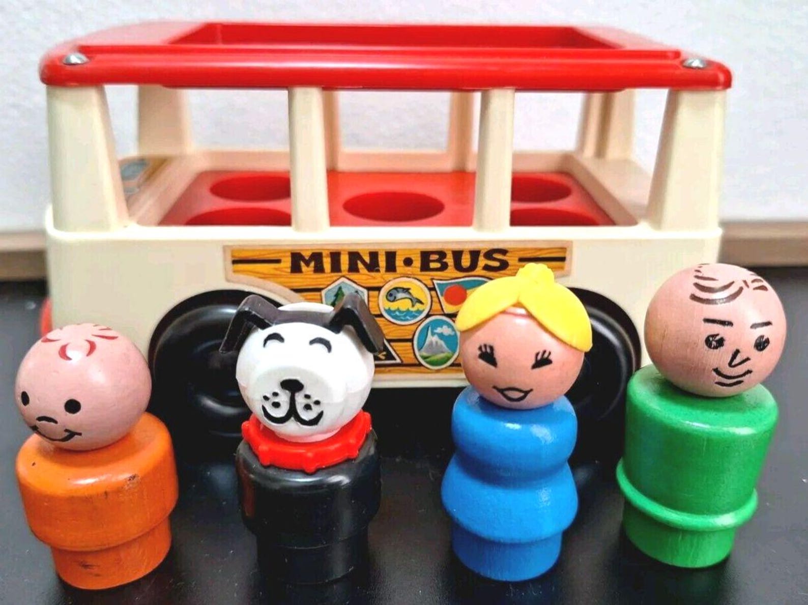 VTG Fisher Price Little People Mini Bus Red 1969 With 3 People 1 Dog EC ...