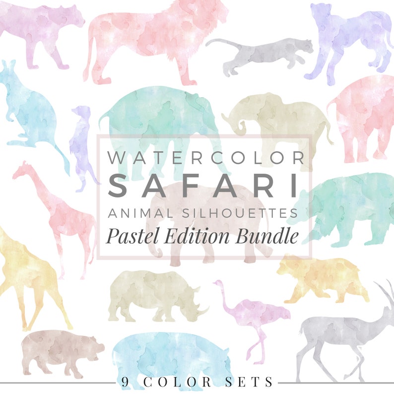 9 Pastel SAFARI Bundle Watercolor Animal Silhouette, Clip Art Package ...