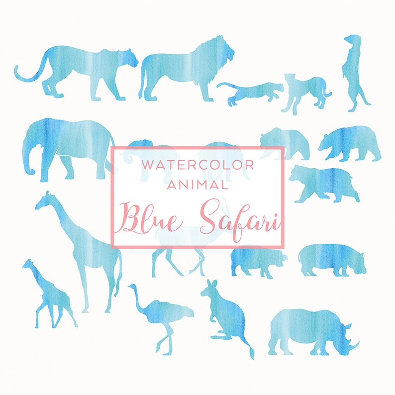 Blue SAFARI Animal Silhouette, Digital Download Watercolor Clip Art ...