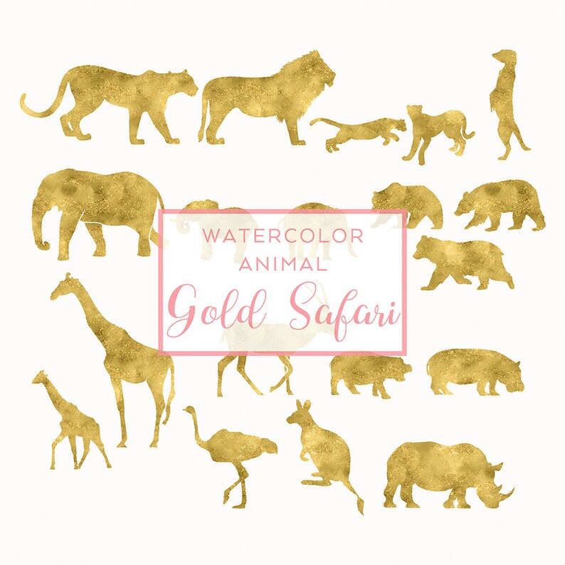 Gold SAFARI Animal Silhouette, Digital Download Watercolor Clip Art ...
