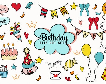 Doodled Birthday Set | Digital Download Clip Art, Birthday Illustration ...