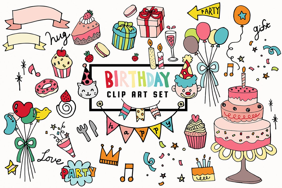 Doodled Birthday Set | Digital Download Clip Art, Birthday Illustration ...