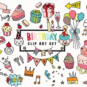 Doodled Birthday Set | Digital Download Clip Art, Birthday Illustration ...