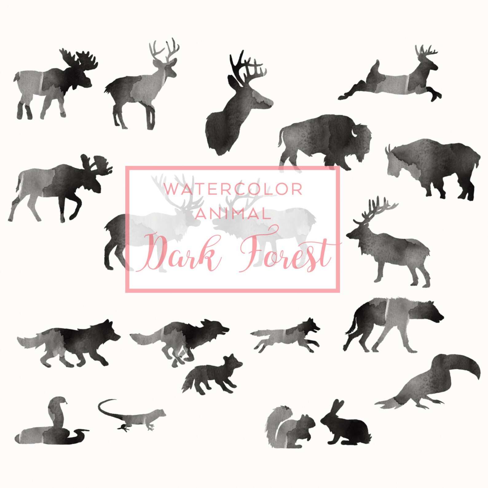 Forest Animal Silhouette Black Clip Art, Animal Silhouette, Watercolor ...