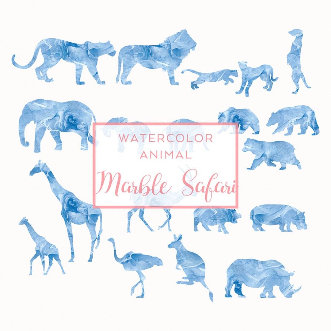 Marble SAFARI Animal Silhouette, Digital Download Watercolor Clip Art ...