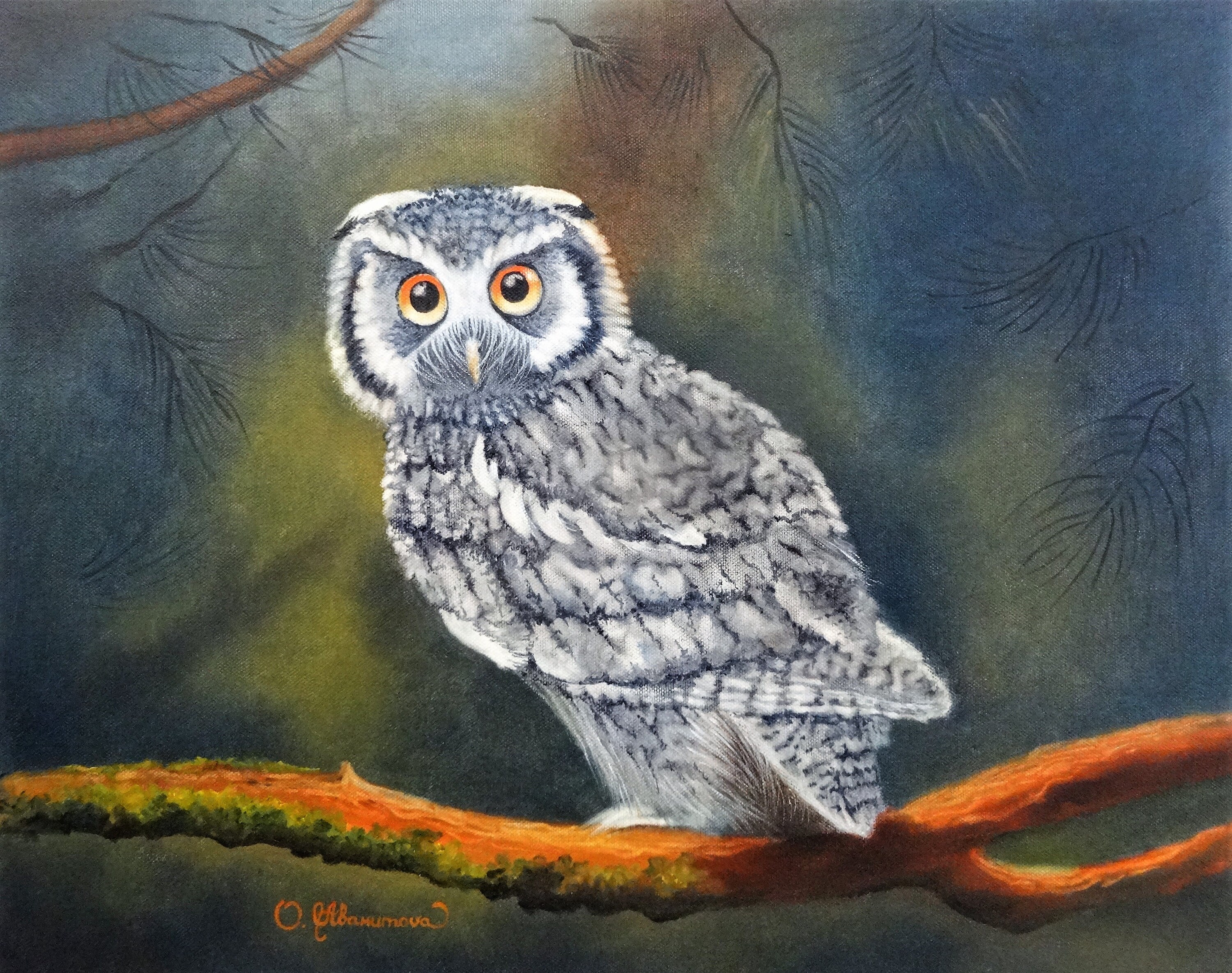 Art Print Oil Painting Birds Animal White Owl Hedwig Snowy Owl Green ...