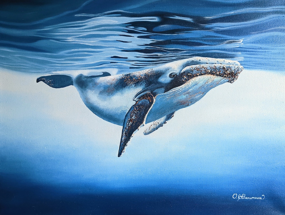 Art Oil Painting Seascape Blue Whale Original Ocean Painting Underwater ...