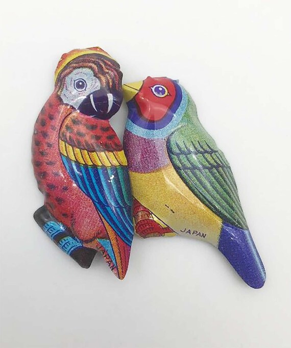 Vintage Tin Litho Bird Pins Japan - set of 2 - Gem