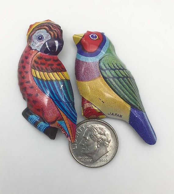 Vintage Tin Litho Bird Pins Japan - set of 2 - Gem