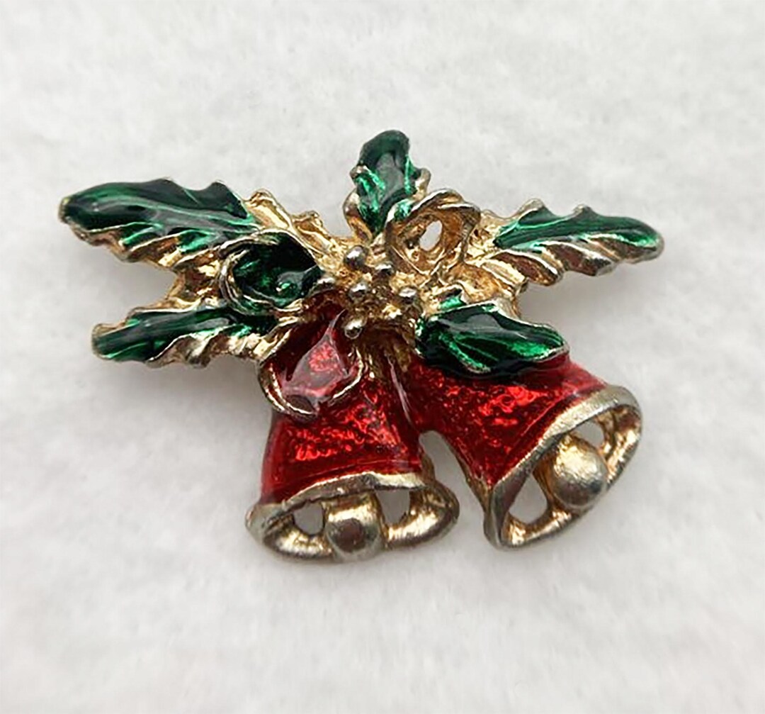 Vintage Enamel Holly and Bell Christmas Brooch - Etsy