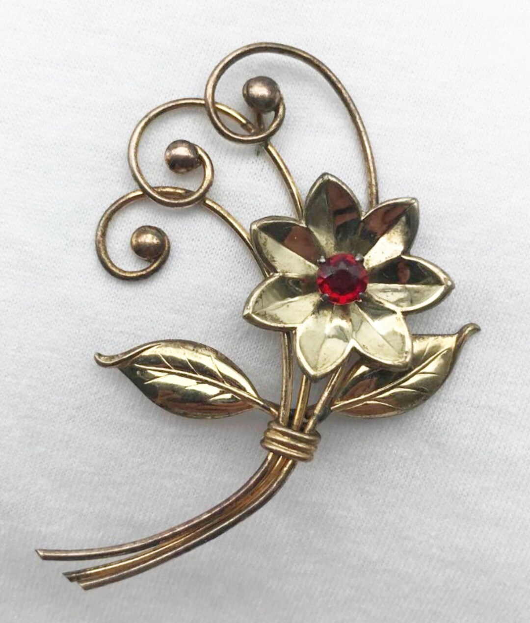 Vintage 1940's Harry Iskin Red Rhinestone Floral Brooch - 12K Gf - Etsy