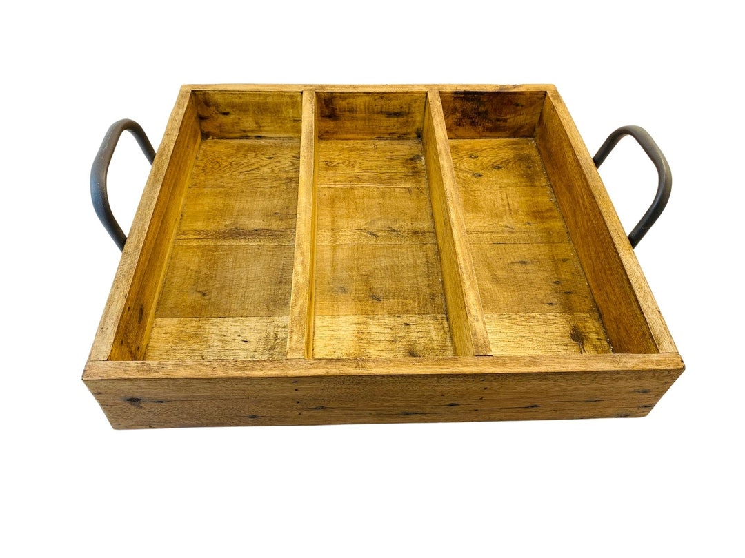 Sectioned Solid Wood Tray With Cast Iron Handles - Etsy