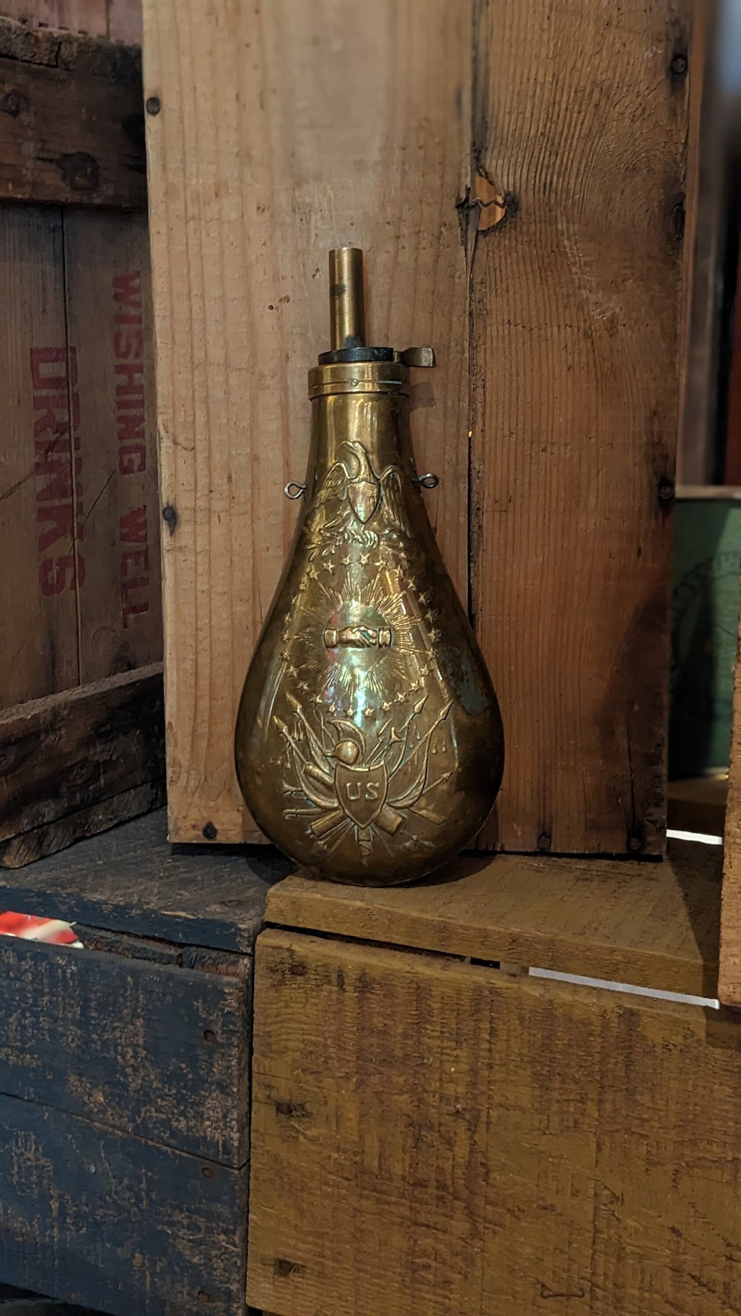 Vintage US Brass Peace Pattern Powder Flask- Civil War Reproduction ...