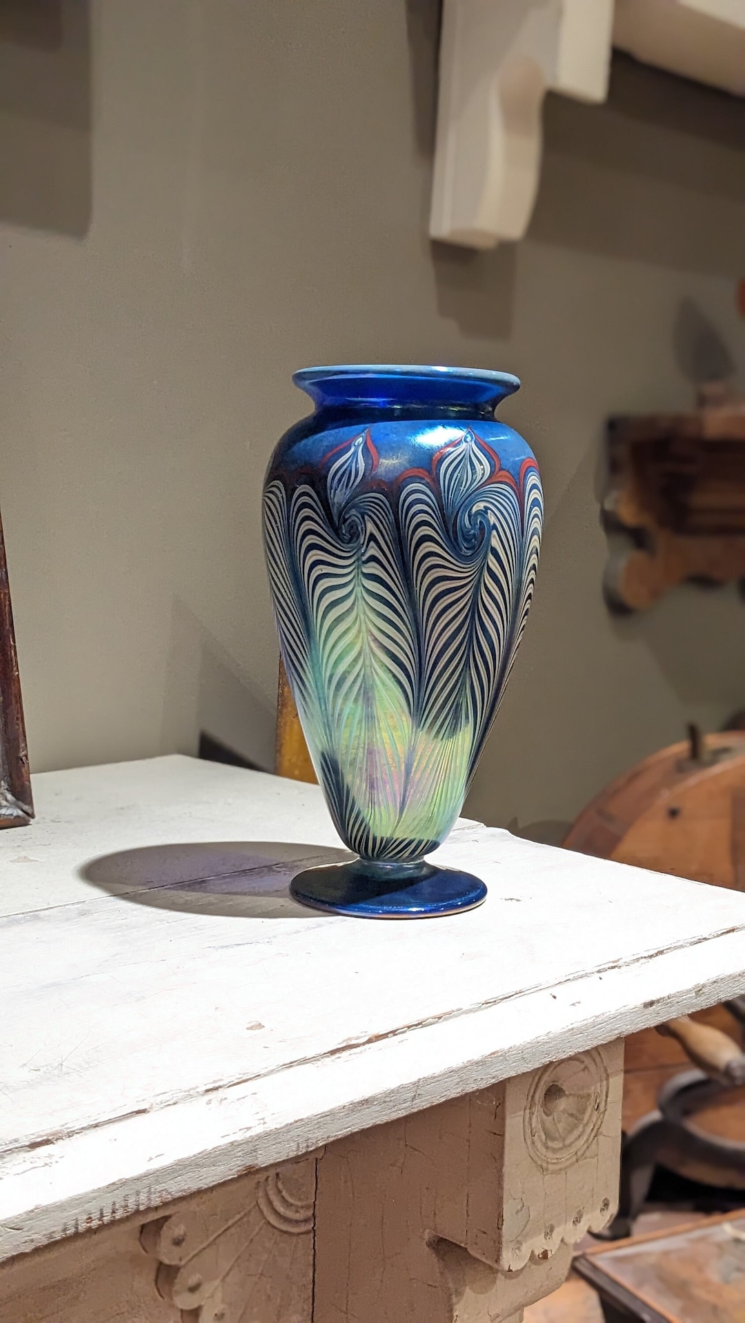 Vintage Orient and Flume Favrile Glass Vase Iridescent Blue Pulled ...