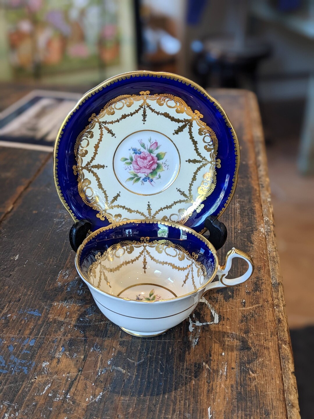 Vintage Aynsley Cobalt Blue Cabbage Rose Teacup and Saucer - Etsy