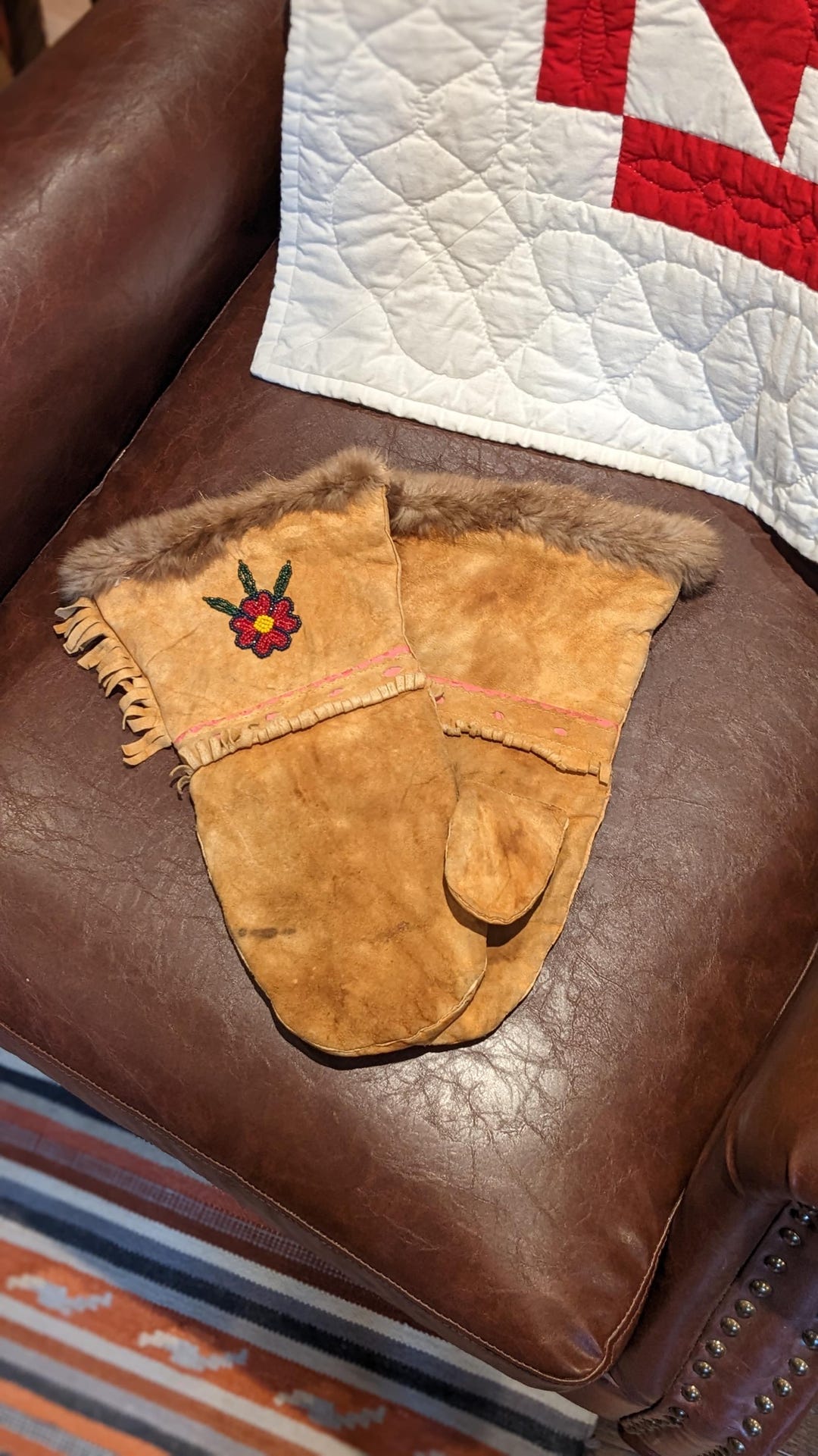 Inuit Handcrafted Moose Hide Mittens With Flower Beading - Etsy