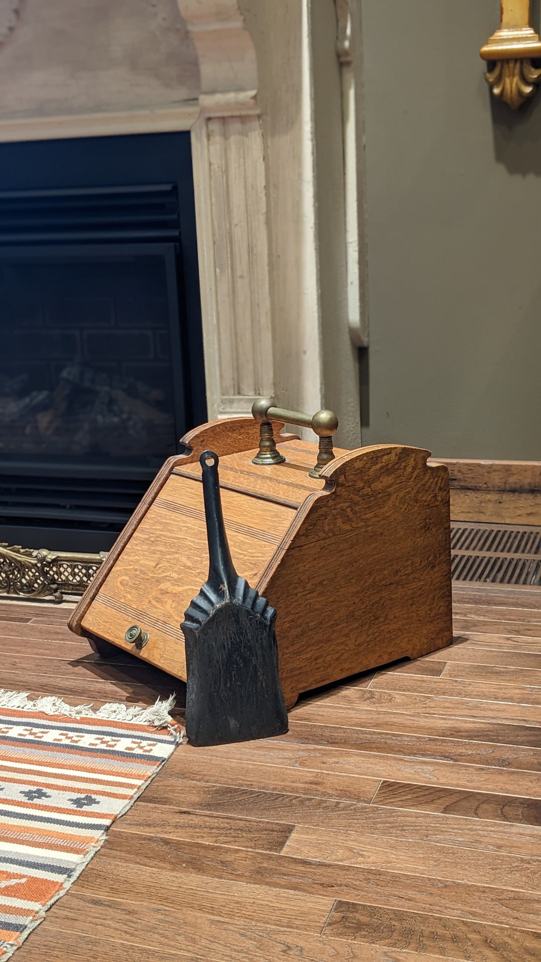 Antique Oak Wood Coal Shuttle With Shovel, Brass Handle, Door Pull and ...