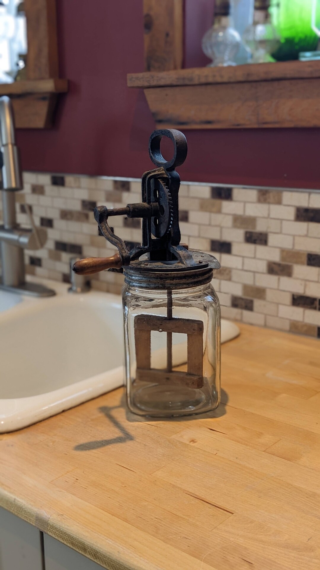 Early Glass Butter Churn With Cast Iron Mixer, Collectable, Kitchen ...