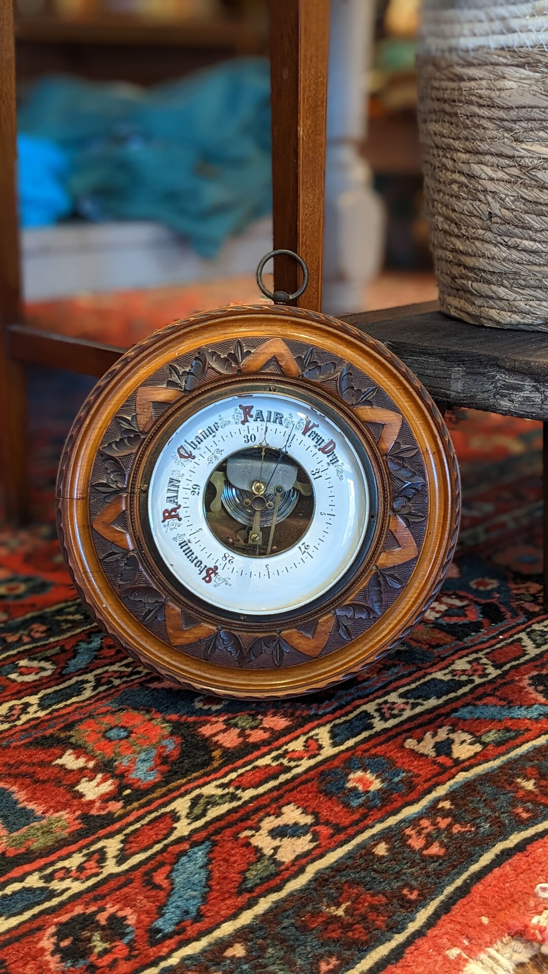 Antique Carved Wood Round Wall Barometer With Porcelain Dial ...