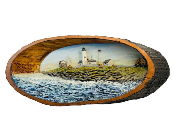 Vintage Oak Log Carved Diorama by William Duerr Lighthouse | Etsy
