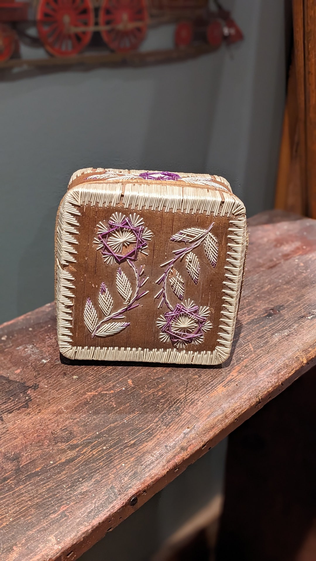 Vintage First Nations Birch Bark Quill Box: Purple Floral Decor - Etsy