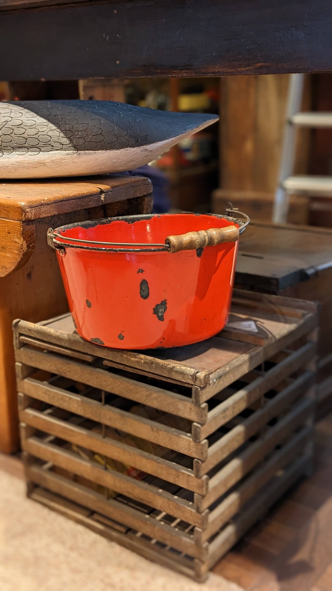 Vintage Red Enamel Pot With Wood Handle, Collectable, Decor, Home ...