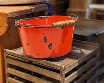 Antique Enamel Bucket With Flower Motif Blue White Wood Handle Water ...