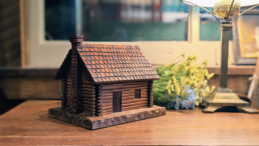 Vintage Folk Art Log Cabin Keepsake Box, Cottage Core, Farmhouse Modern ...