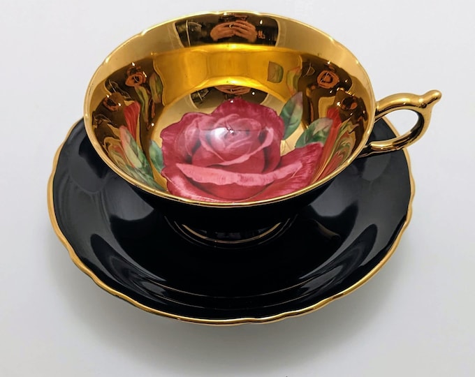 Rare Paragon Pink Cabbage Rose Teacup and Saucer- Black and Gold ...